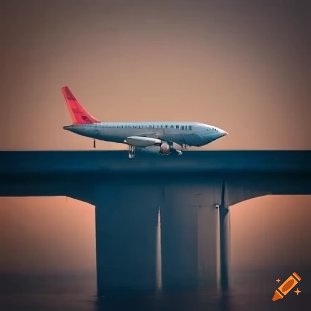 Airplane flying low across a bridge