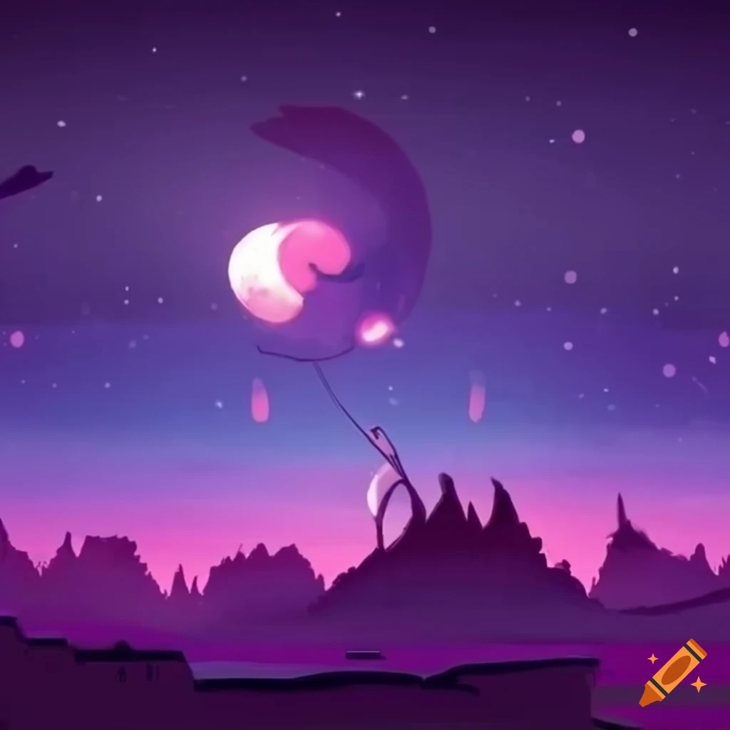 Retro anime style with pokémon mew flying in vibrant sunset silhouette ...