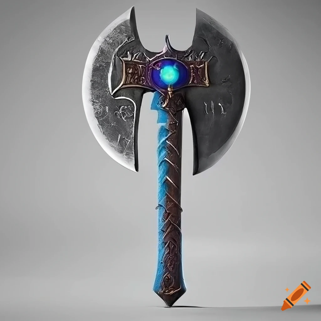 Steel battle-axe with spiderweb etchings on dark background on Craiyon