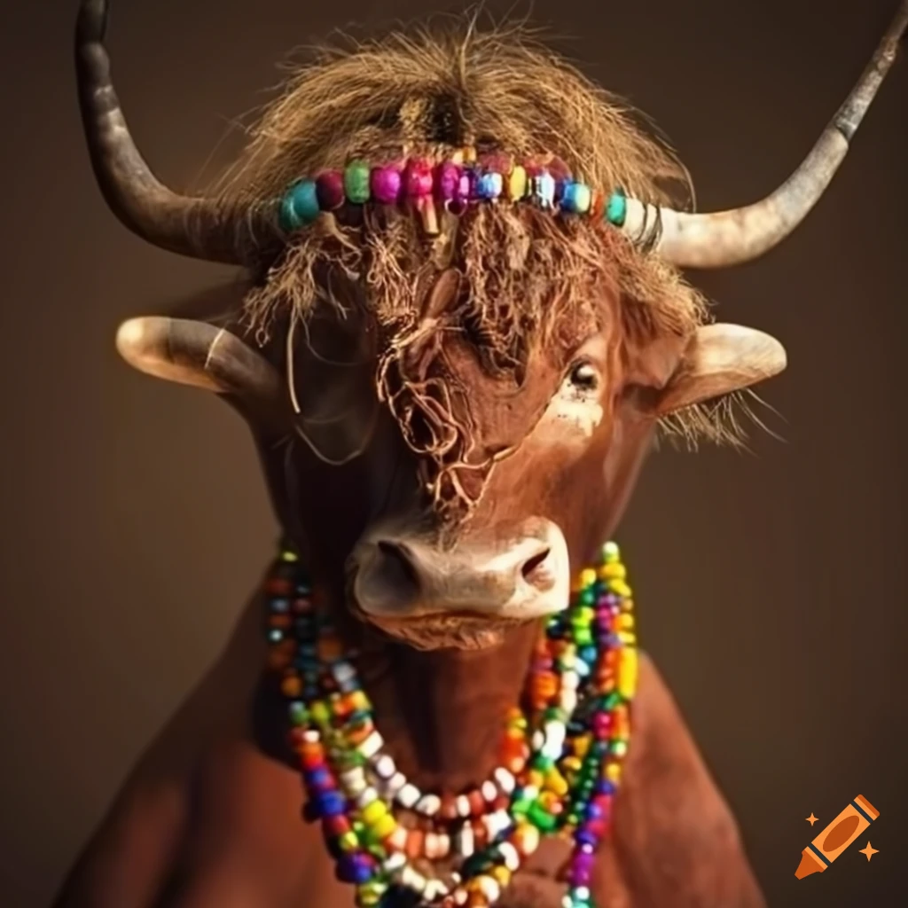 Wooden bali bull with colorful markings in a primitive art style on Craiyon