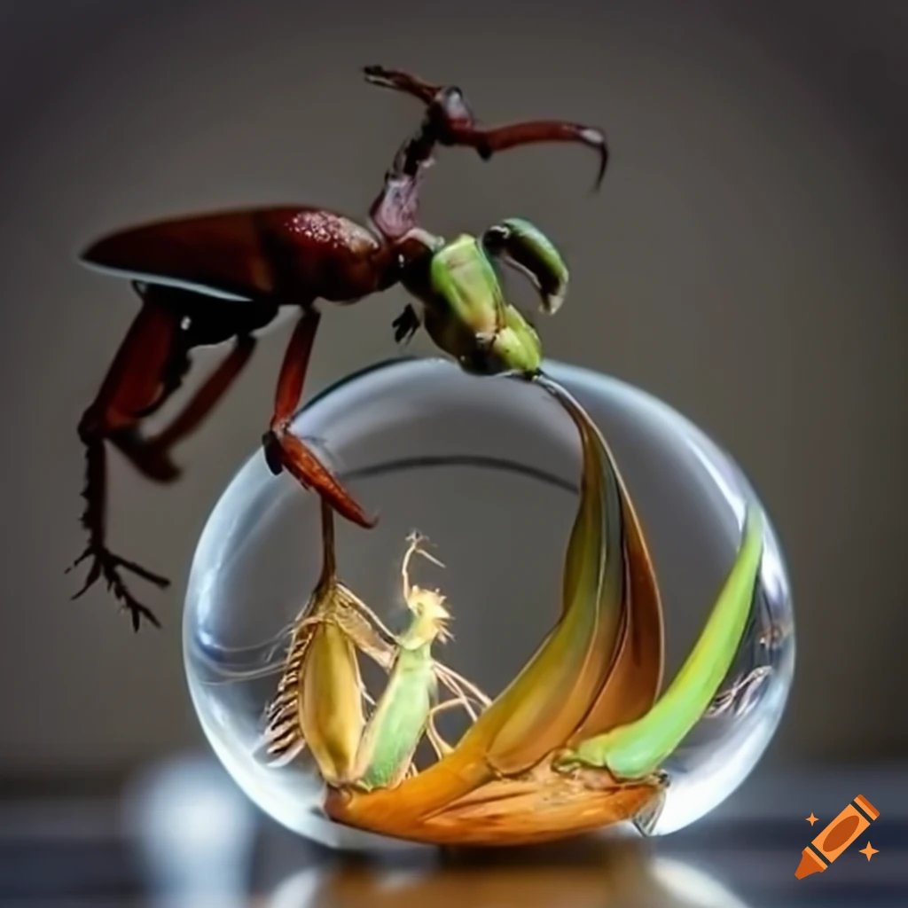 Macro photo of a stag beetle and praying mantis on a glass ball on Craiyon