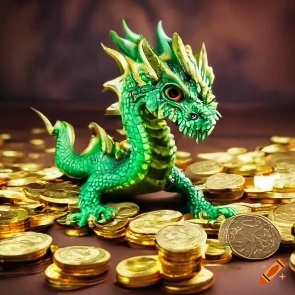 Green dragon guarding a hoard of treasure on Craiyon