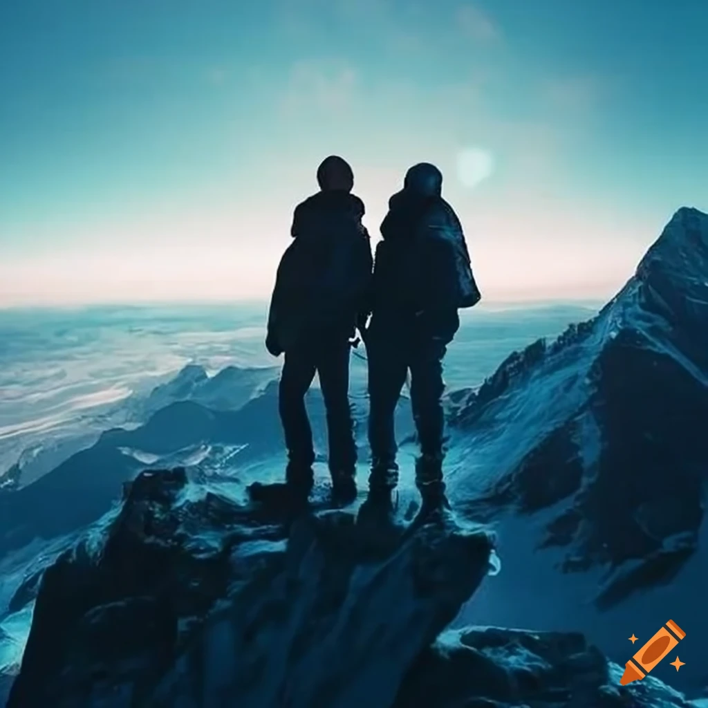 Two friends standing on the ridge of a mountain in a logo style image ...