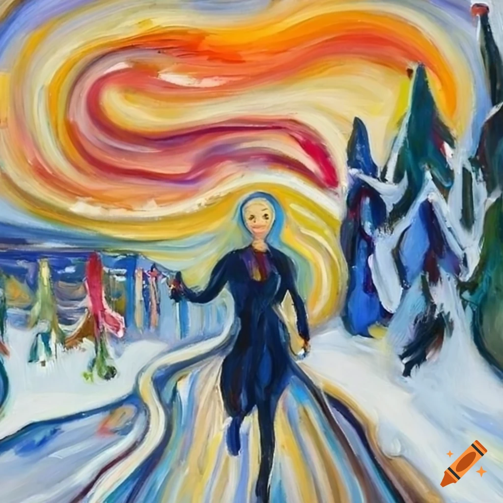 Oil painting of a girl running in snowy winter on Craiyon