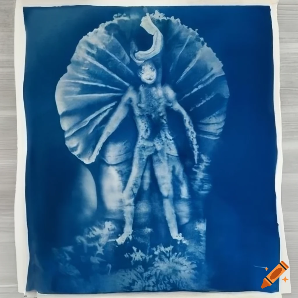 Cyanotype of an ancient god in rocks