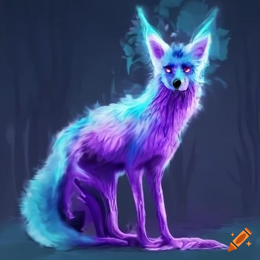 Image of a blue, purple, and green fox patronus on Craiyon