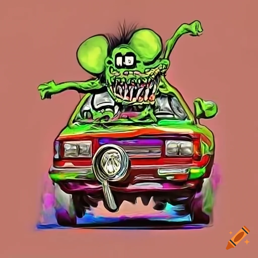 Illustration of a rat fink driving a classic hot rod on Craiyon