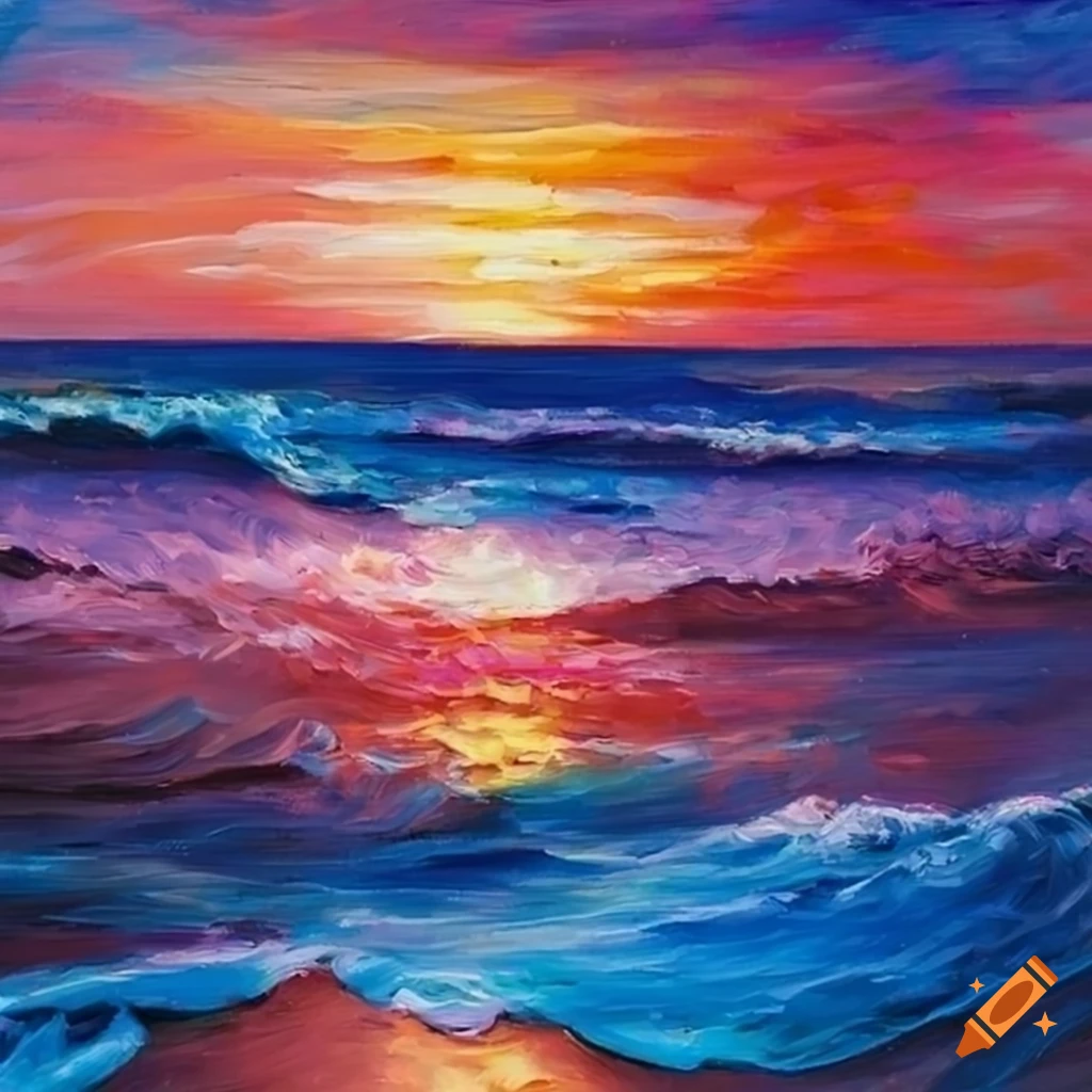 Colorful sunset over ocean waves painting