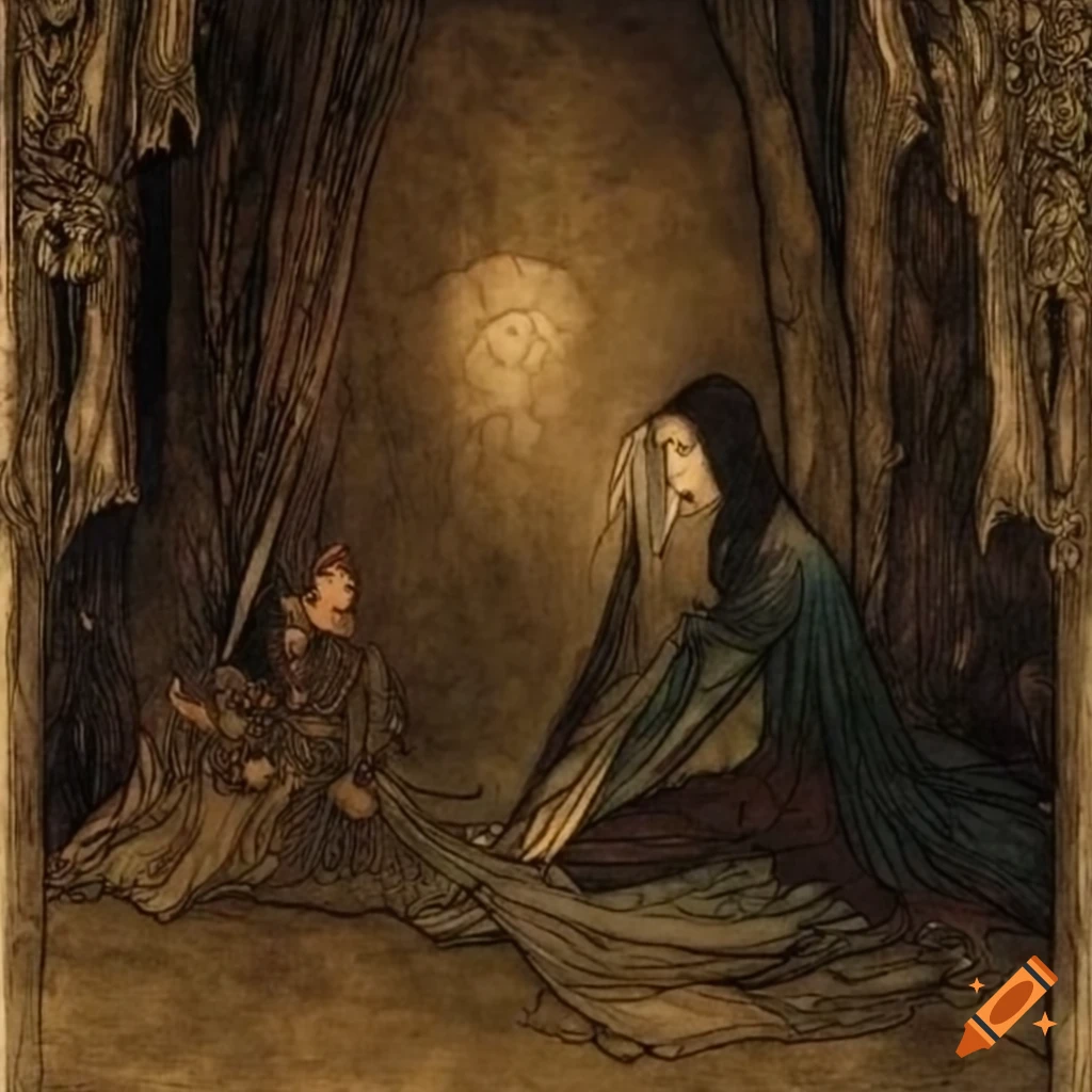 Combine an arthur rackham vibrant color painting of mysterious mystics ...