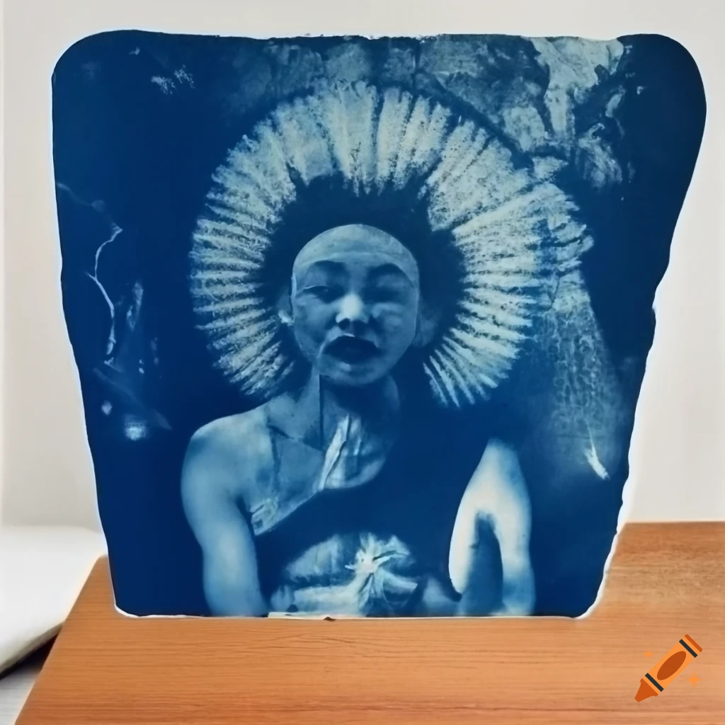 Cyanotype of three white buildings in a foggy city on Craiyon