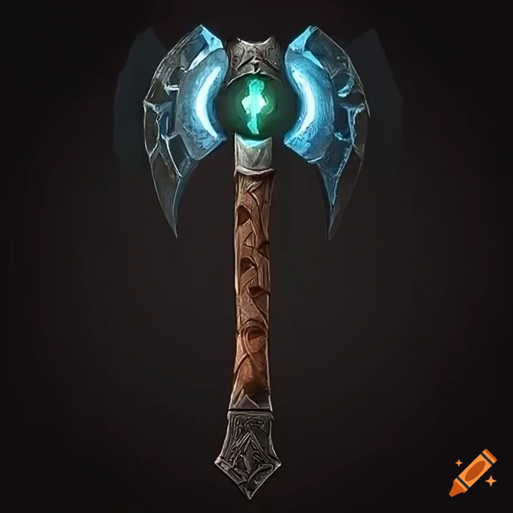 Illustration of a magic symmetric battle axe on Craiyon