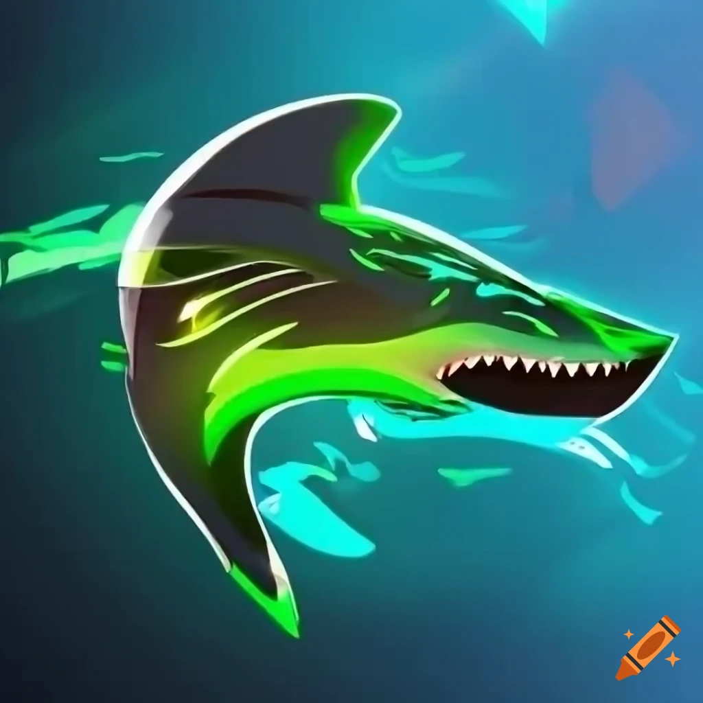 Cyber gaming logo of a yellow and green shark on Craiyon