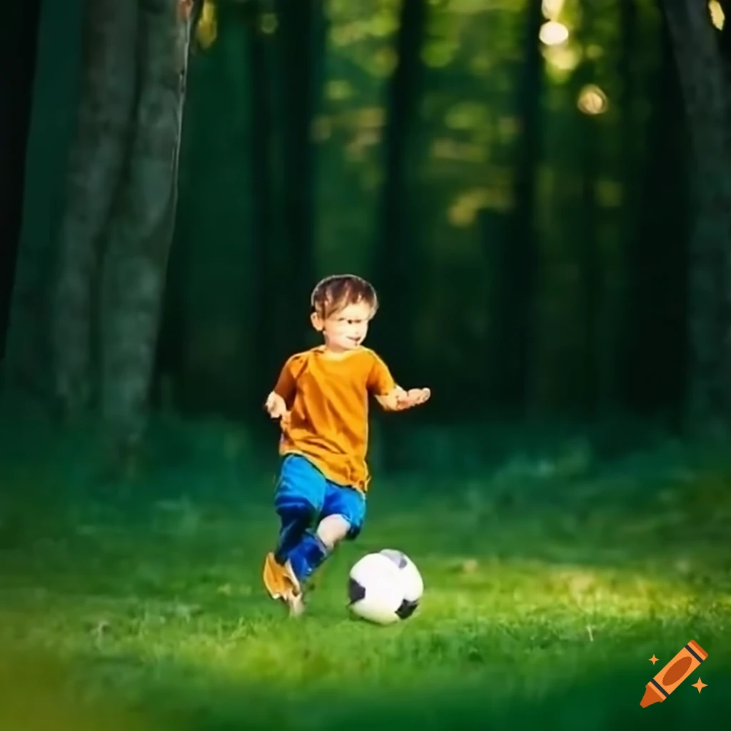 Child playing football in the forest