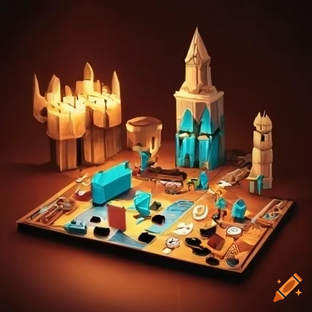 Artistic representation of a building on a game board