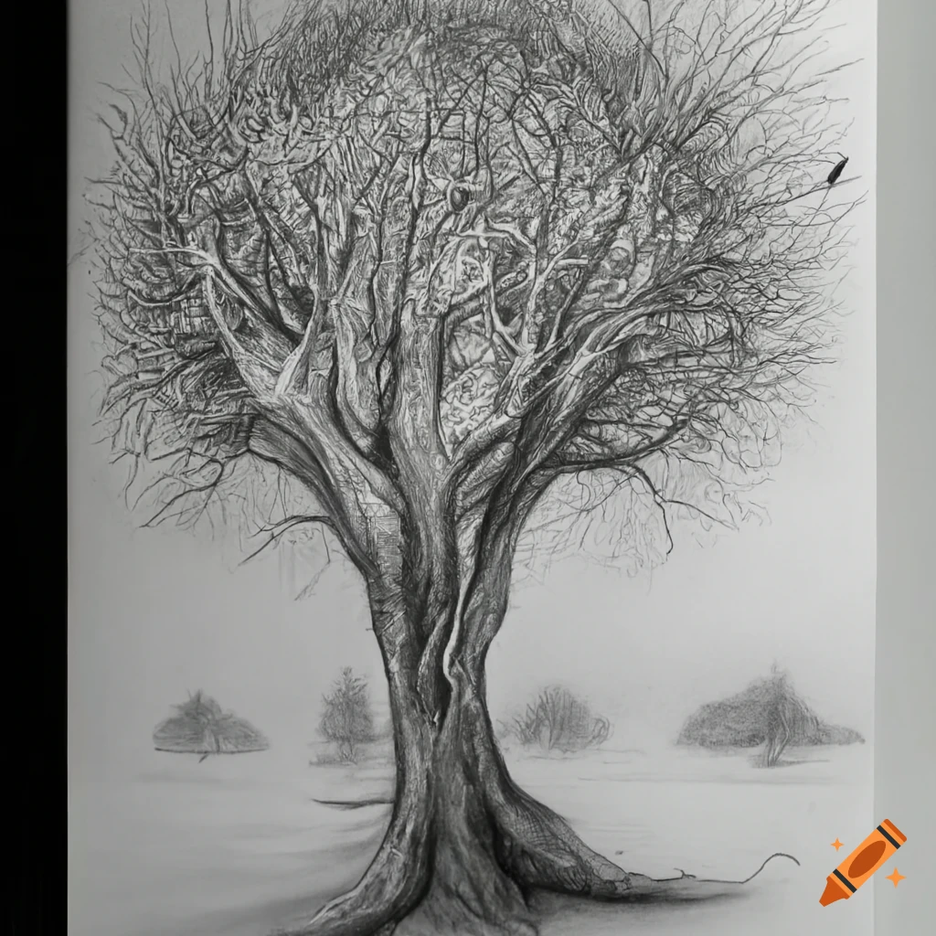Intricate pencil drawing of a haunting tree