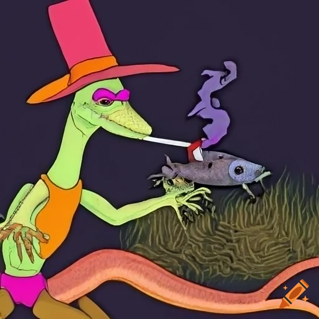 Cartoon lizard character smoking a joint on Craiyon