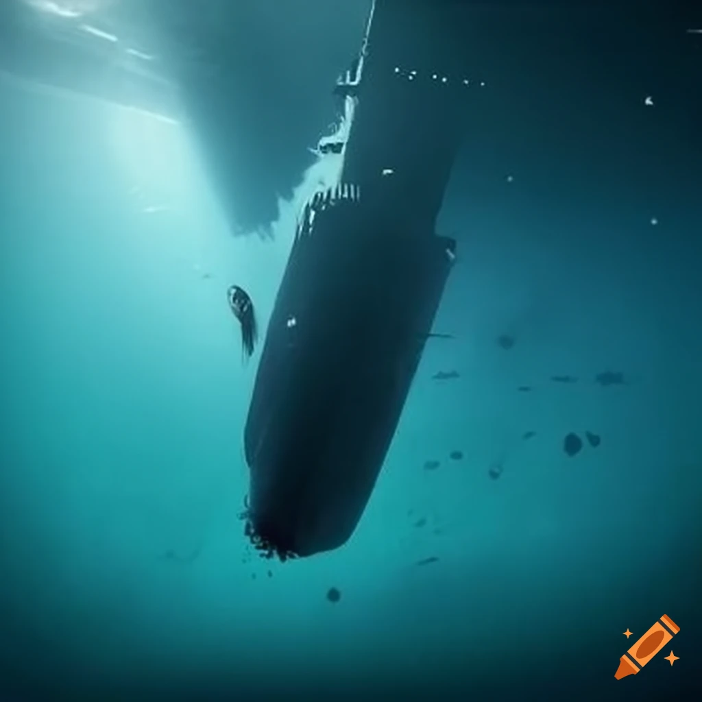 Submarine sinking into a dark trench