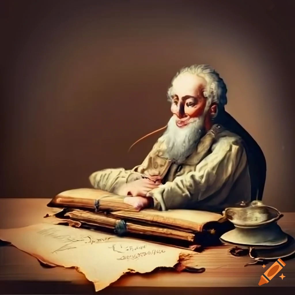 Ancient writer at a desk with scrolls and quills on Craiyon