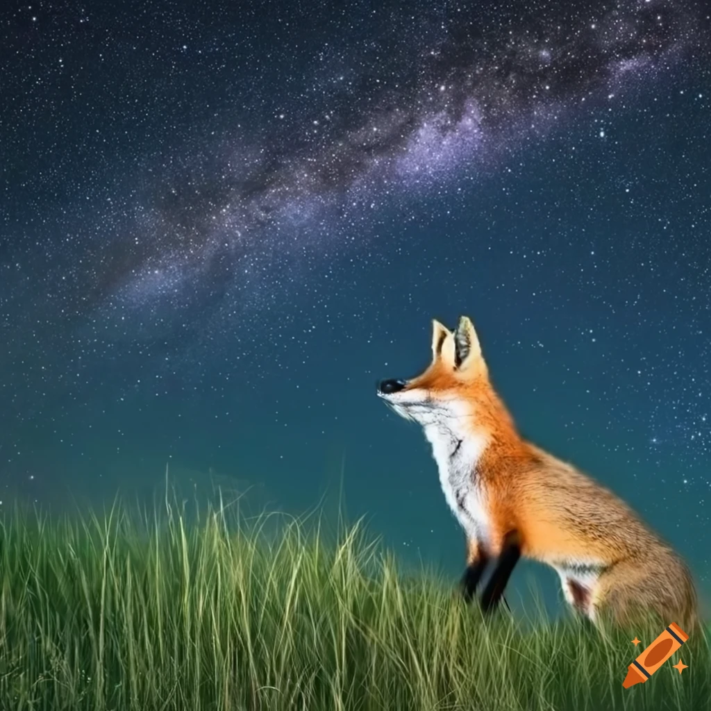 Fox looking at stars on a grassland at night on Craiyon