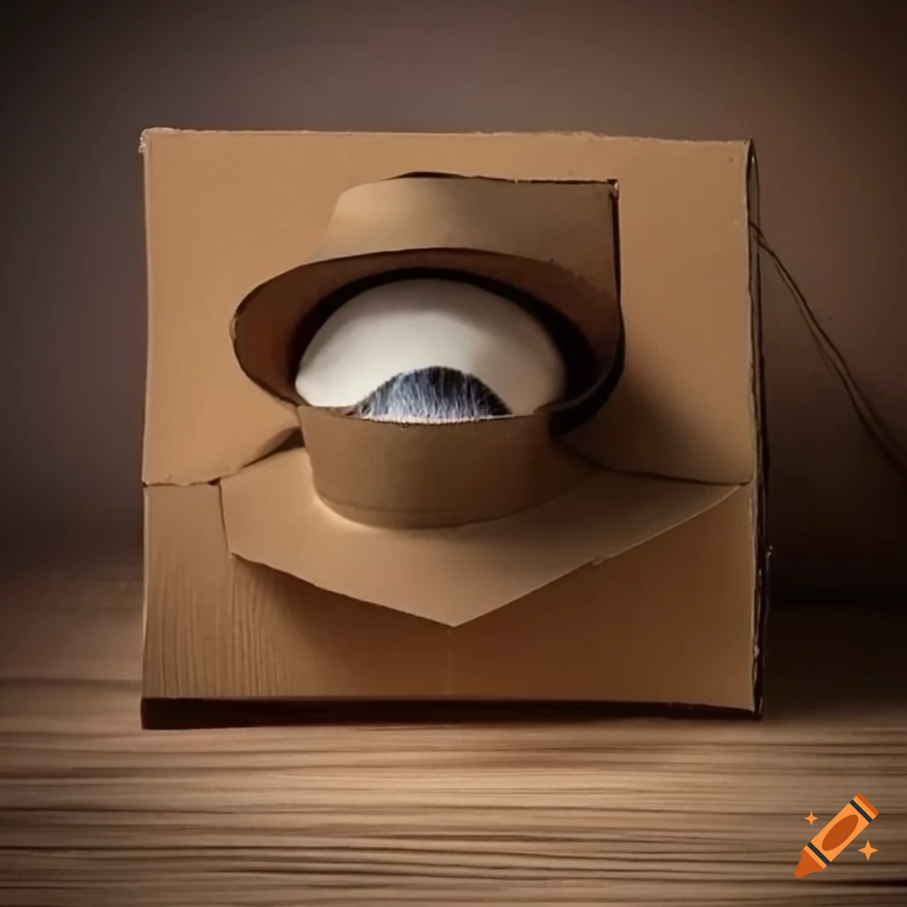 Cardboard box with eyes and hat artwork on Craiyon