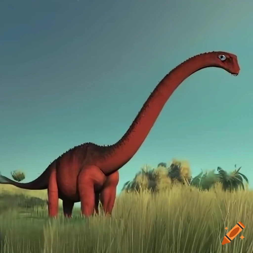 Image of a giant red brachiosaurus in tall sunny vegetation on Craiyon