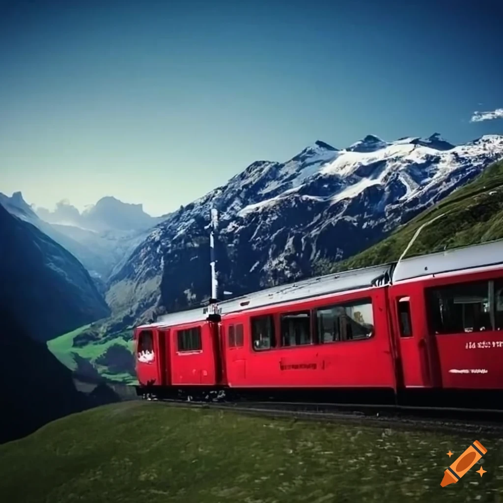 Fast train in swiss landscape with village, mountains, and young people ...