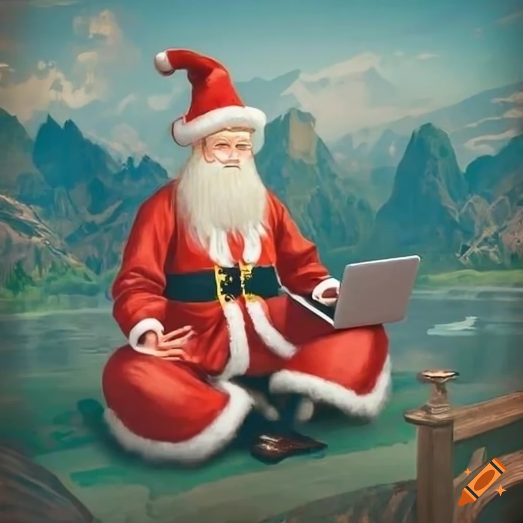 Laotian santa with a laptop surrounded by a mountain landscape on Craiyon