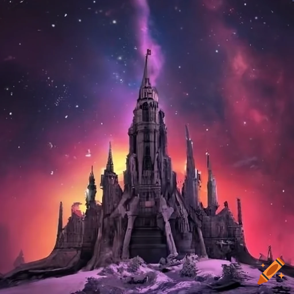 Crayon drawing of an outer space castle on Craiyon