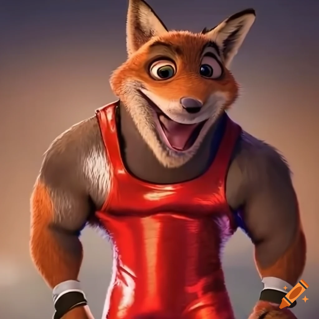 Zootopia character: charismatic fox wrestler in a red singlet