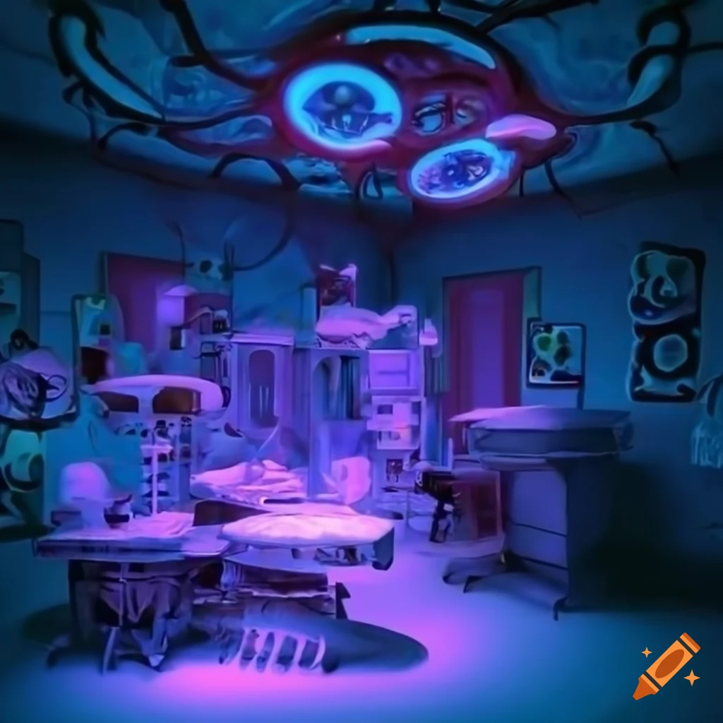 Surreal neon art of a mad scientist surgery room