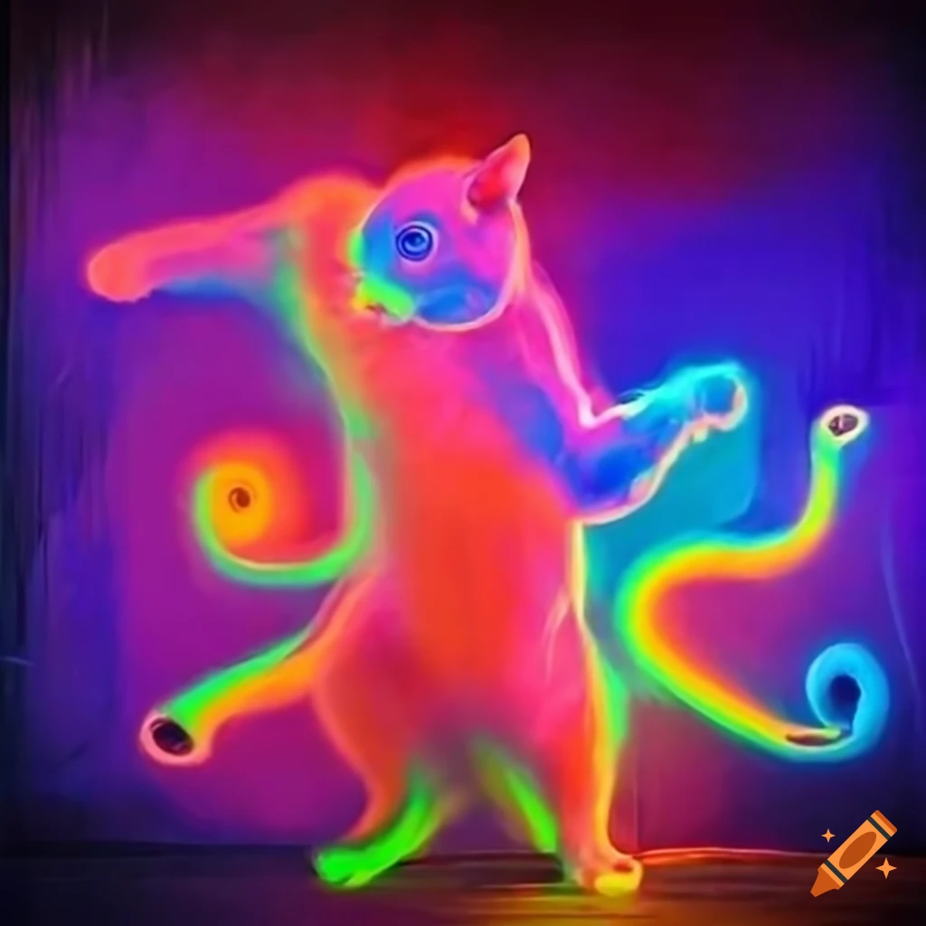 Neon painting of cats dancing at a colorful rave on Craiyon