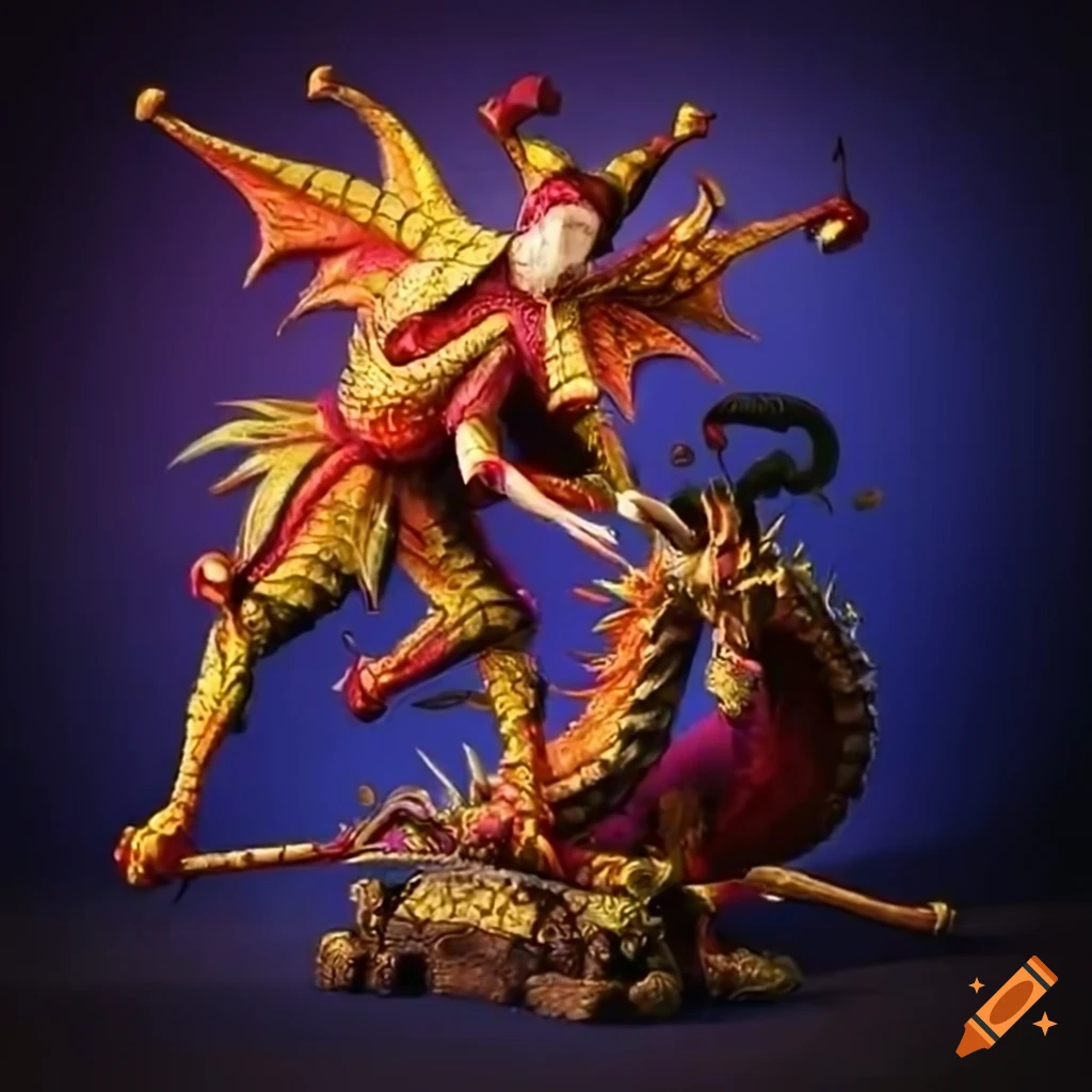 Artwork of a jester fighting a dragon on Craiyon
