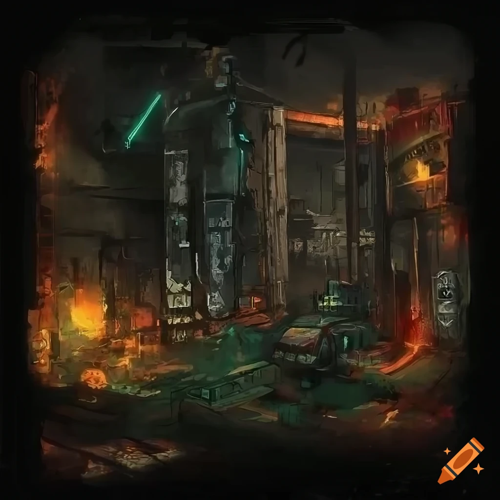 Desolate cyberpunk scrapyard in fantasy art style on Craiyon