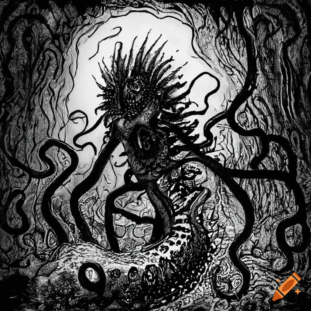 Monochrome drawing of a lovecraftian deep sea monster