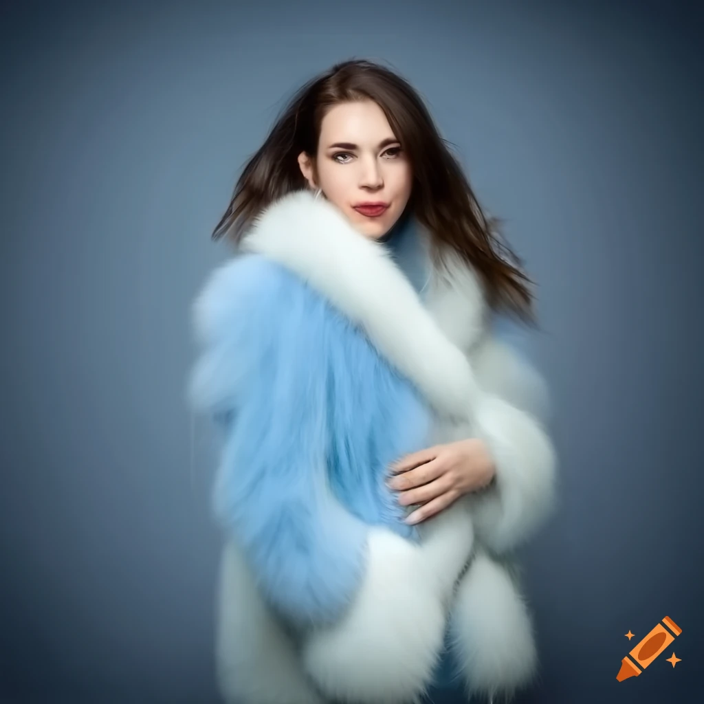 Young woman wearing a fluffy pale blue and white fur coat on Craiyon