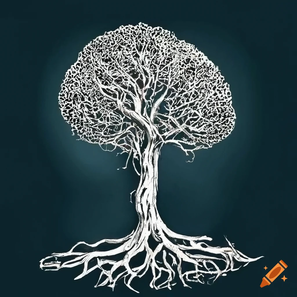 Pen and ink drawing of a tree with roots