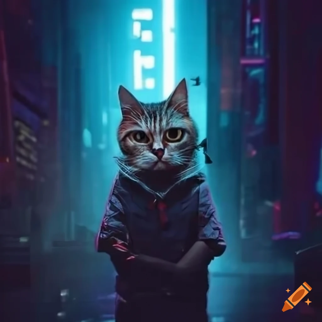 Cyberpunk cat hero illustration