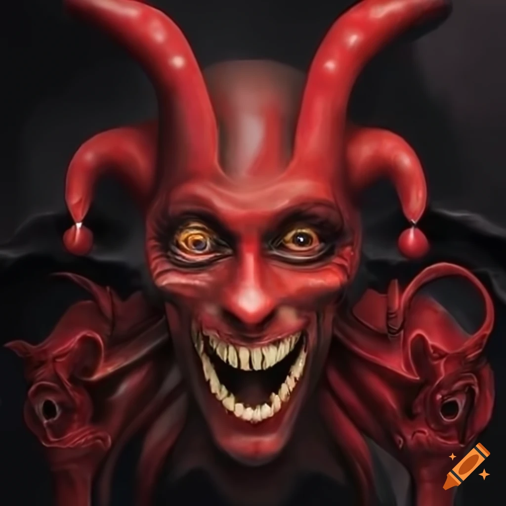Image of a horned jester in red and black