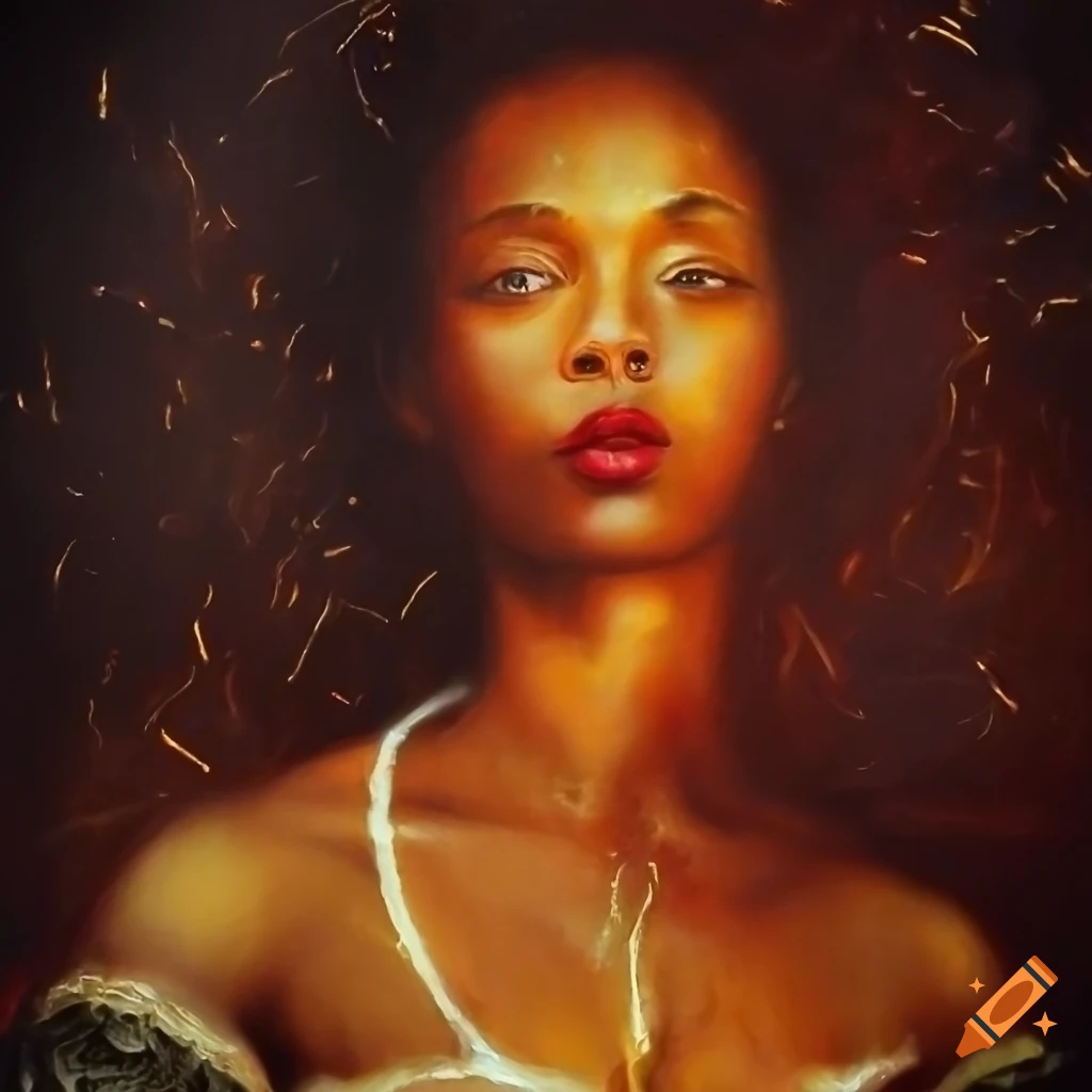 Oil painting of a fiery black woman in medieval attire