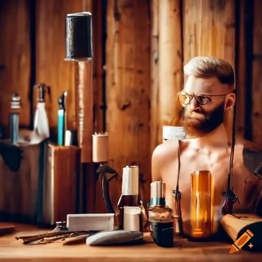 Barber crafting natural products in a wood cabin on Craiyon
