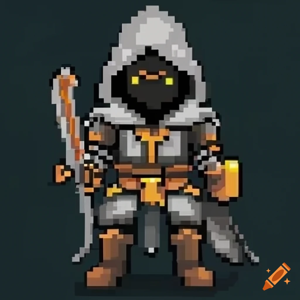 8-bit graphics of a mysterious knight with black hood and cape on Craiyon