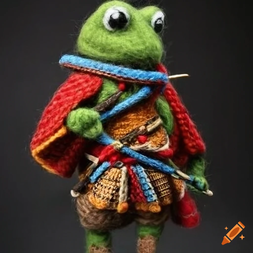Felted wool frog samurai art piece