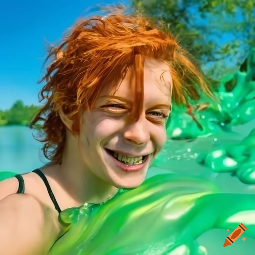 Smiling young long-haired male jungle magician covered in green slime ...