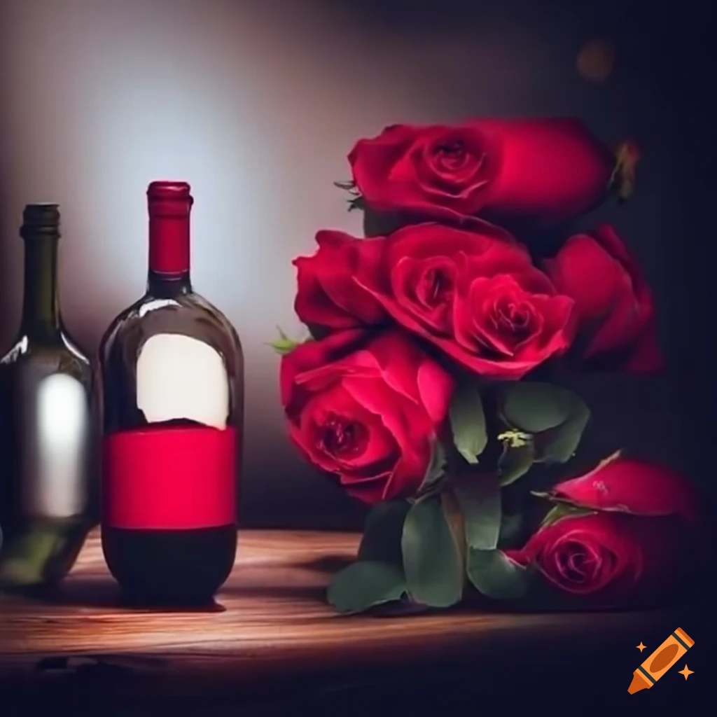 Red roses with a bottle of wine