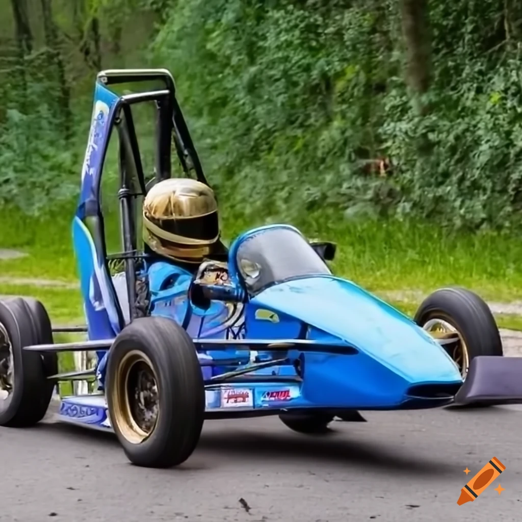 Formula racing car track in a village with a cable car on Craiyon