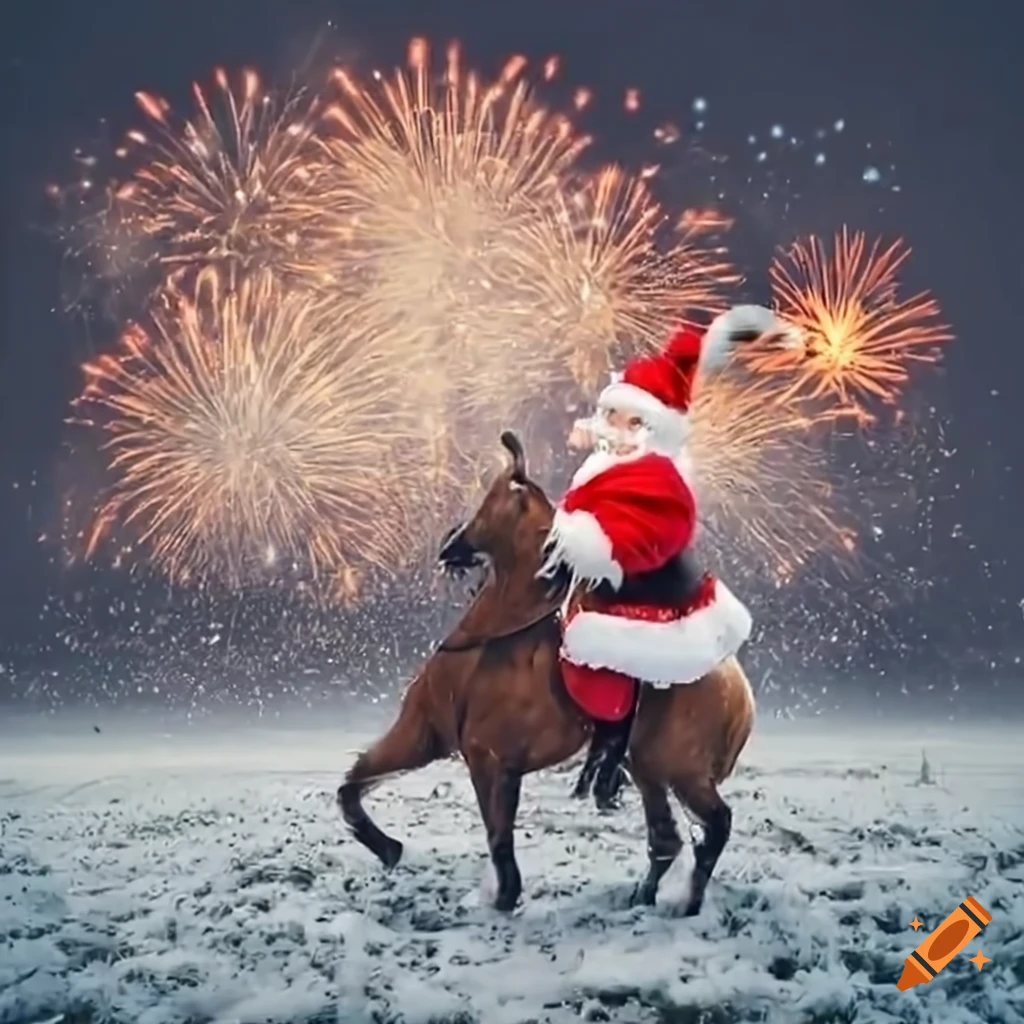 Santa riding a horse on a snowy football pitch