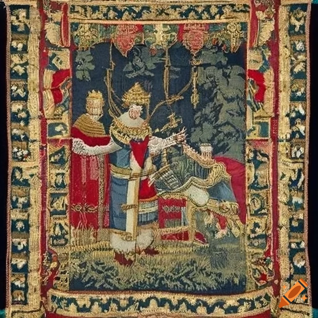Tapestry-style artwork of a knight delivering a message on Craiyon