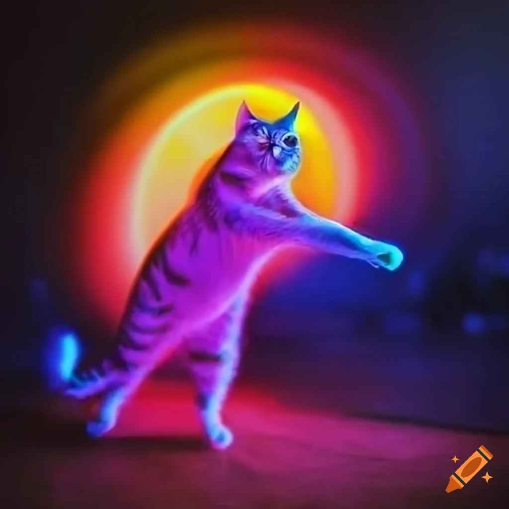 Neon painting of cats dancing at a colorful rave on Craiyon