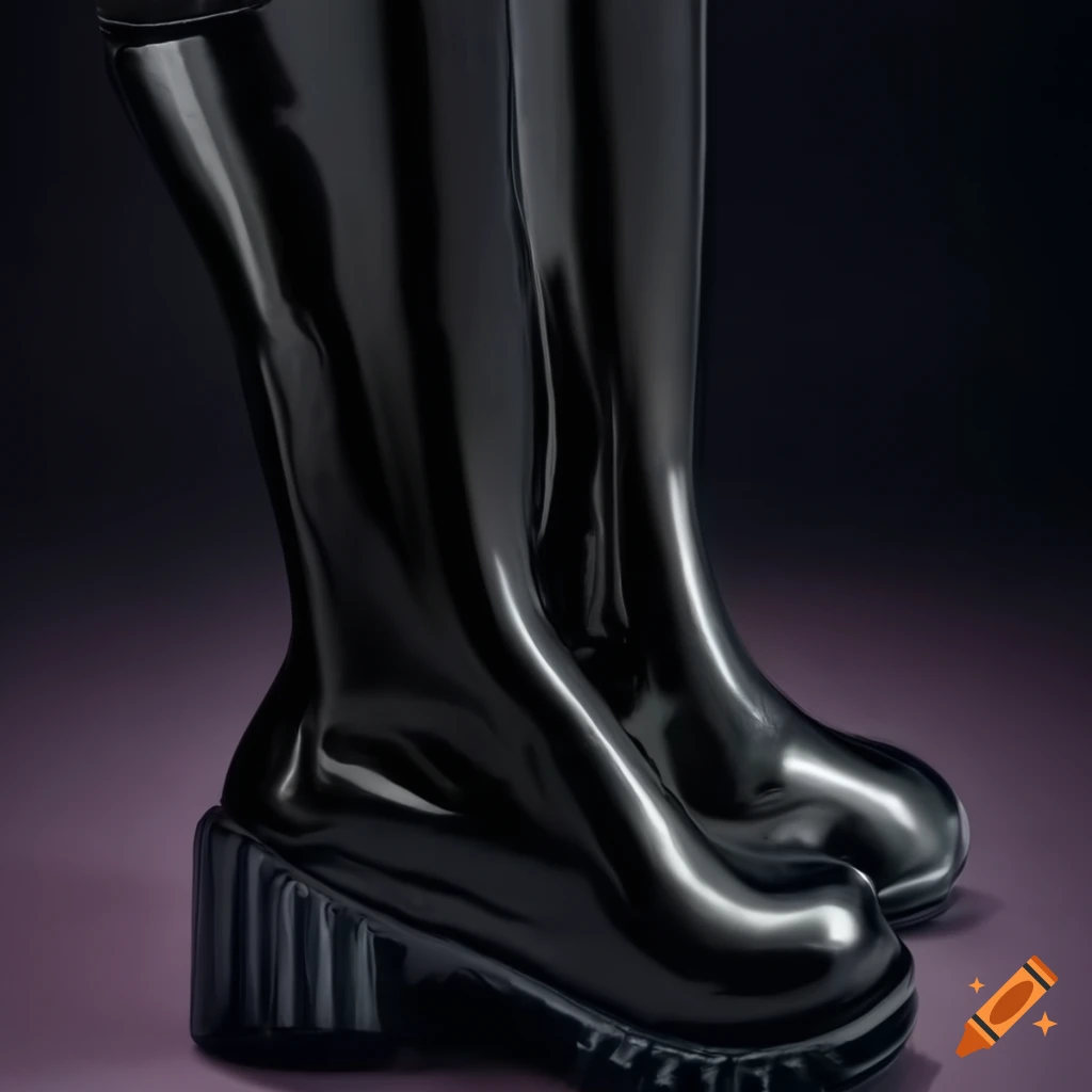 Frontal view of realistic black latex boot