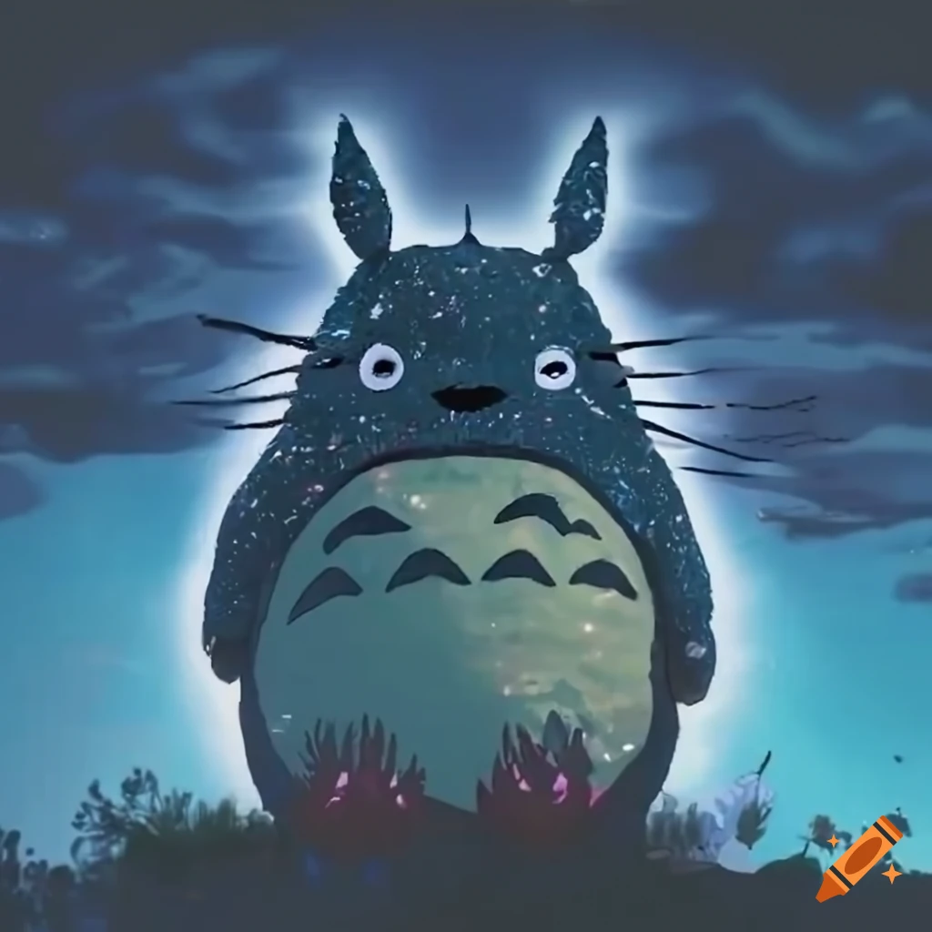 Artistic video game scene with totoro and blade runner theme on Craiyon